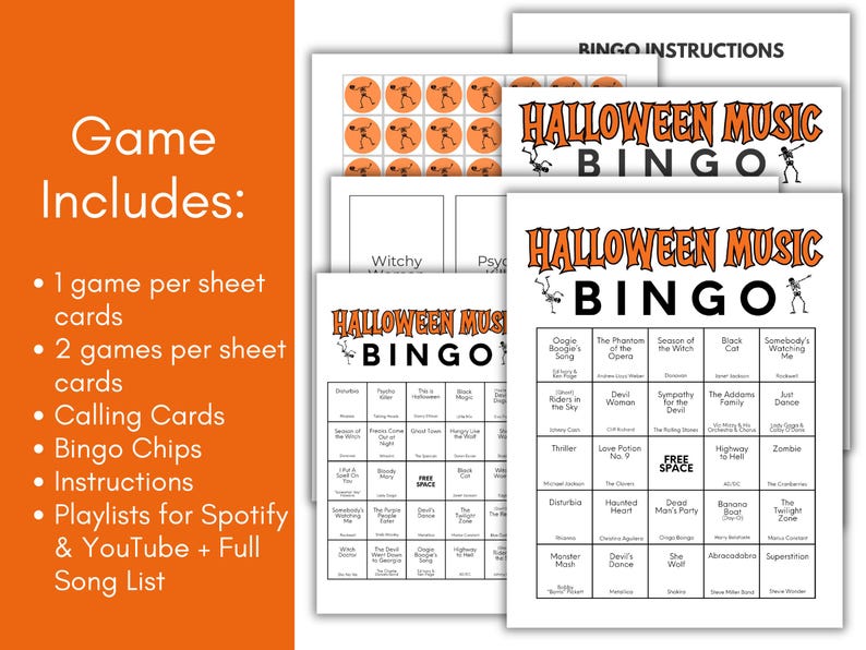 Halloween Music Bingo, Halloween Hits Bingo Cards, Halloween Games ...