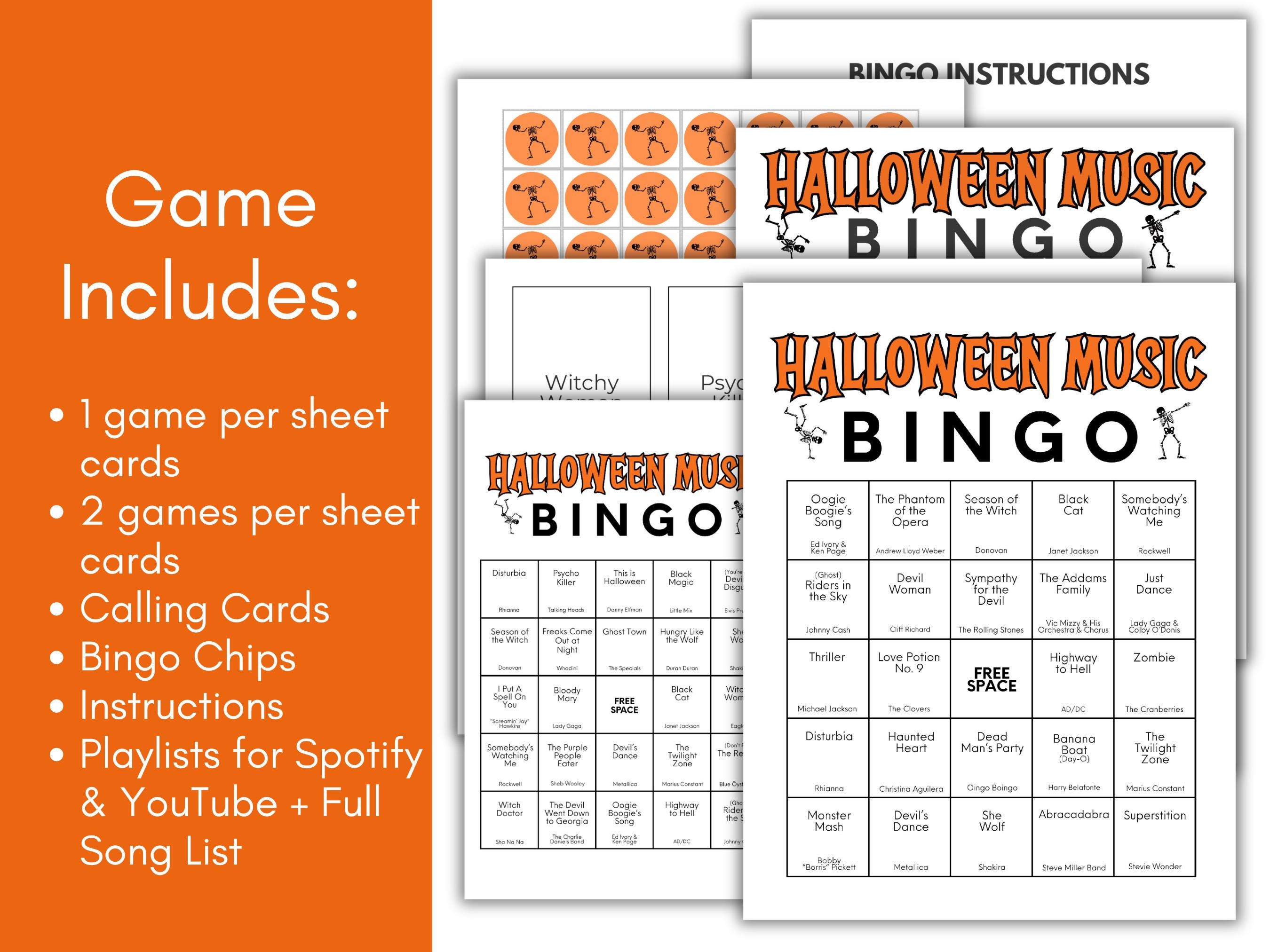 Halloween Music Bingo, Halloween Hits Bingo Cards, Halloween Games ...