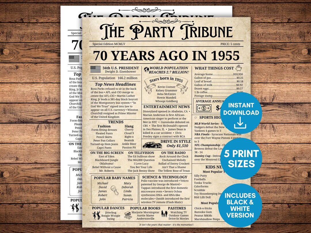 1955 Birthday Newspaper, 1955 Birthday Poster, 70th Birthday Gift, 1955 ...