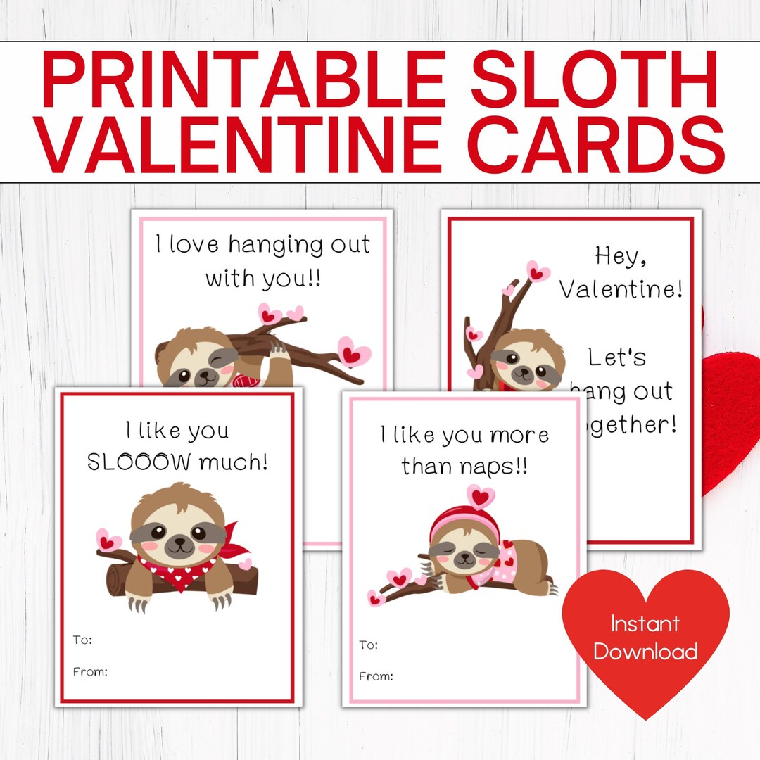 Sloth Valentine Card Printable, Kids Classroom Valentines, Instant ...