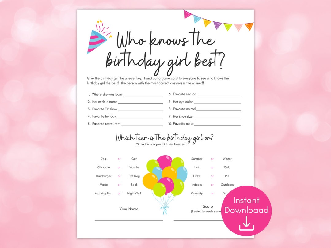 Who Knows the Birthday Girl Best, Birthday Quiz, Birthday Questionnaire ...