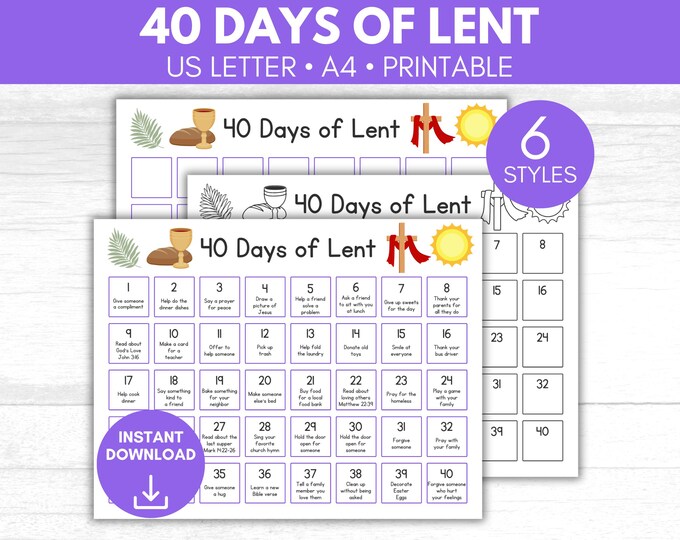 40 Days of Lent Countdown Calendar, Kids Lenten Activities, Christian ...