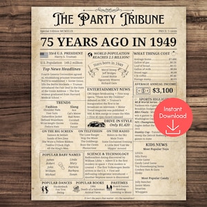 1949 Birthday Poster, 75th Birthday Newspaper, 1949 Newspaper Sign ...