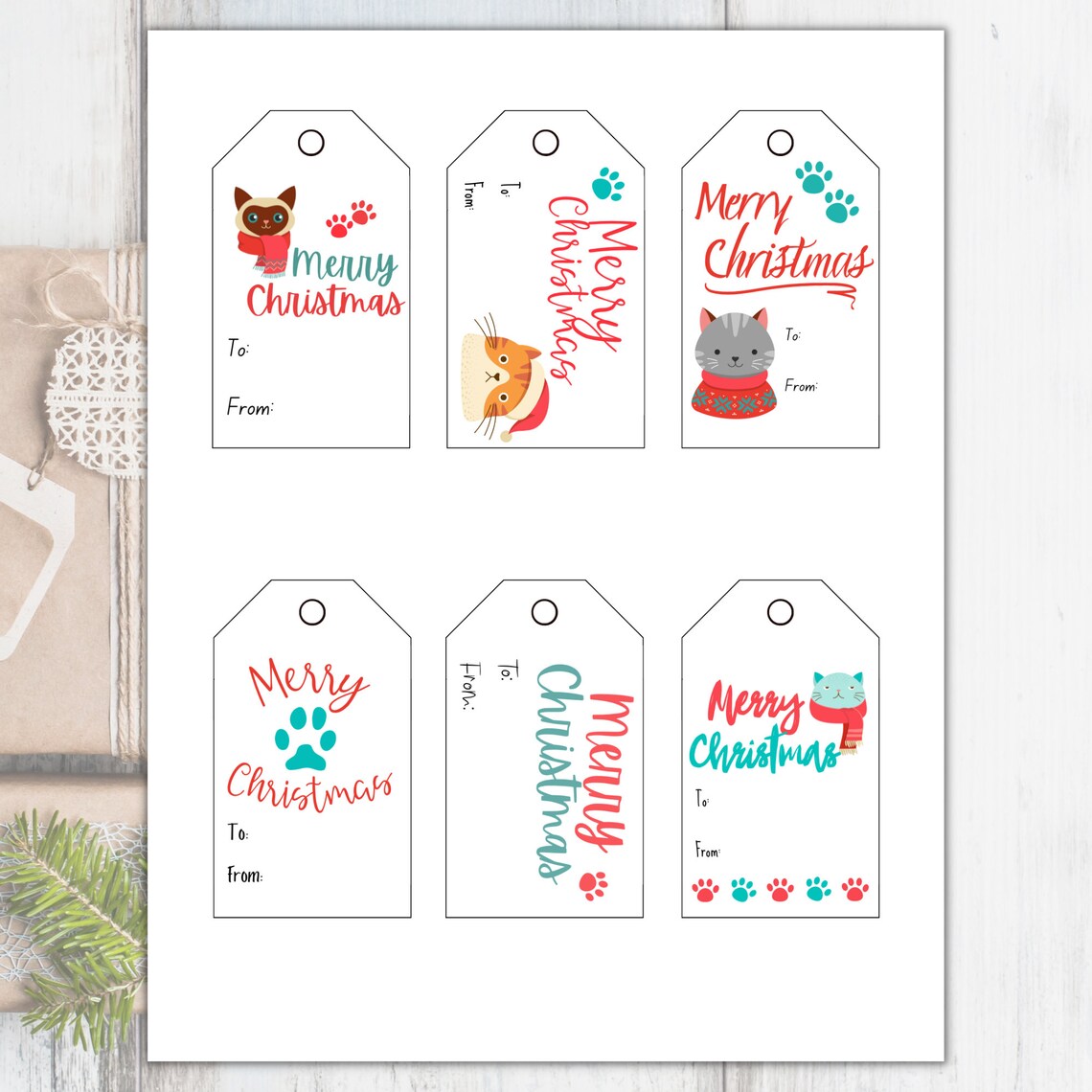Printable Christmas Cat Gift Tags, Kitty Cat Gift Tags, Cat Lover Gift ...