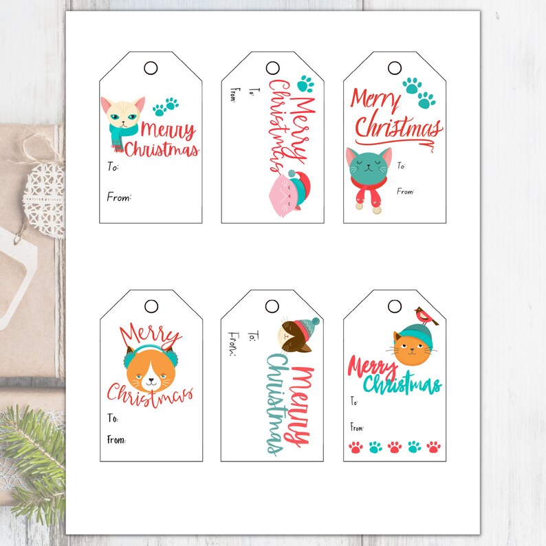 Printable Christmas Cat Gift Tags, Kitty Cat Gift Tags, Cat Lover Gift ...
