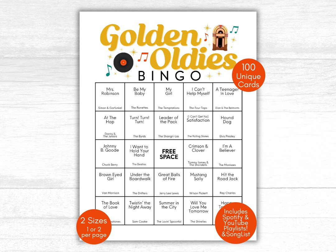 Golden Oldies Bingo, Golden Oldies Music Bingo, 50s Retro Bingo, 60s ...