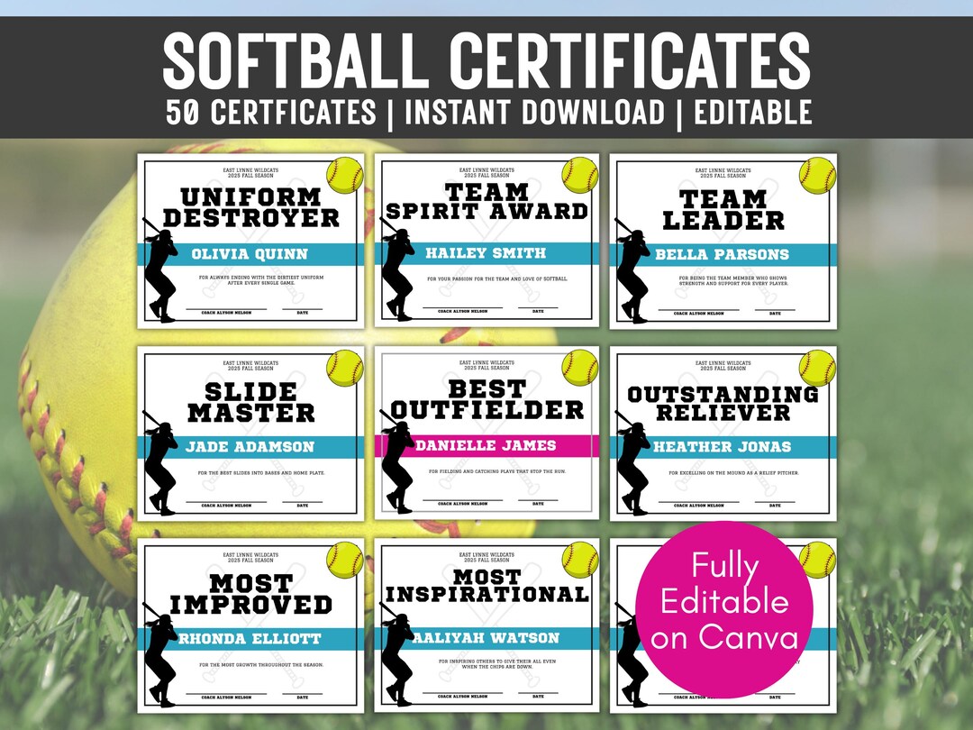Editable Softball Award Certificates, End of Season Recognition ...