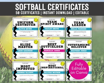 Editable Softball Award Certificates, Softball Team Awards, Softball ...