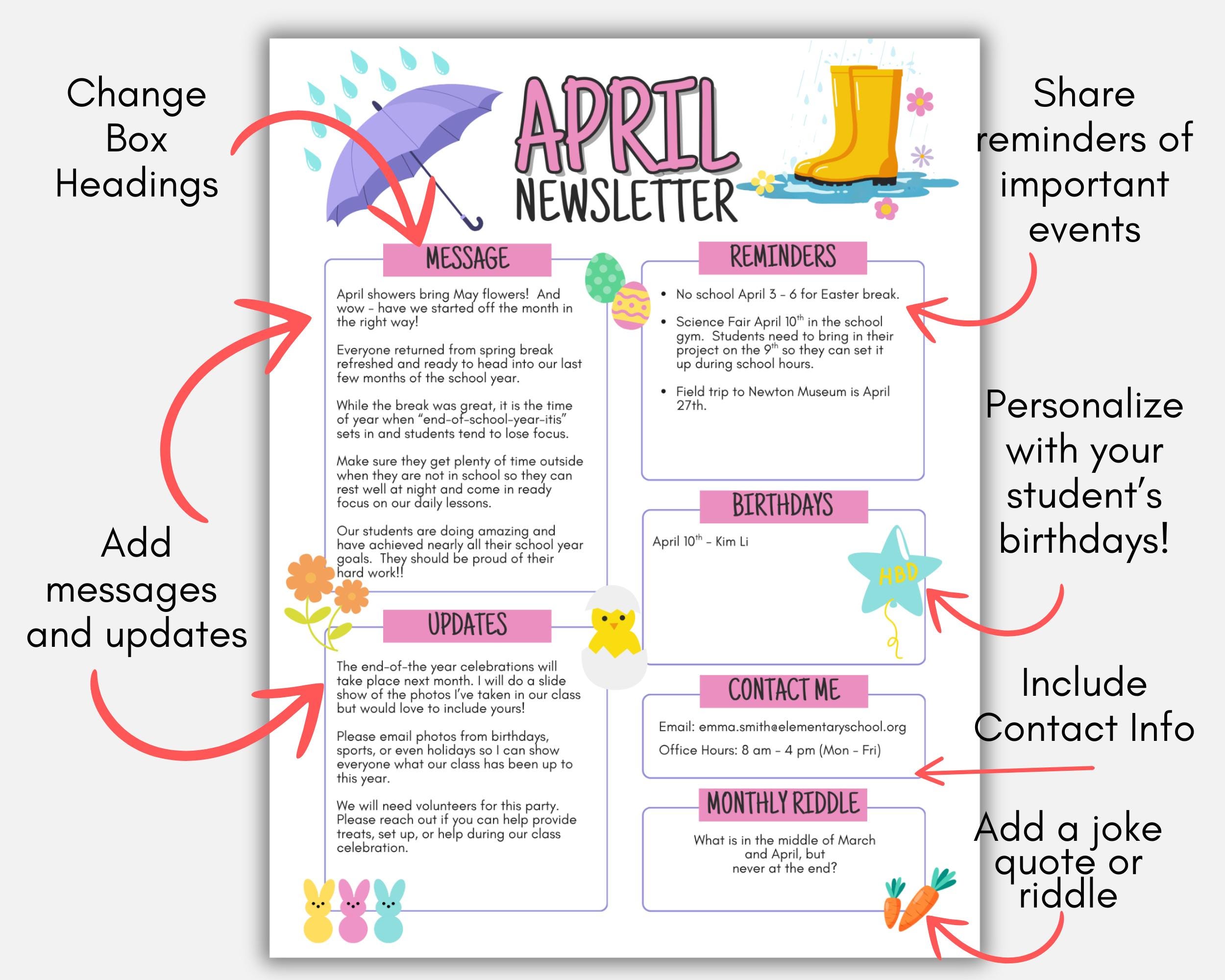 April Classroom Newsletter Template, Easter Classroom Newsletter ...
