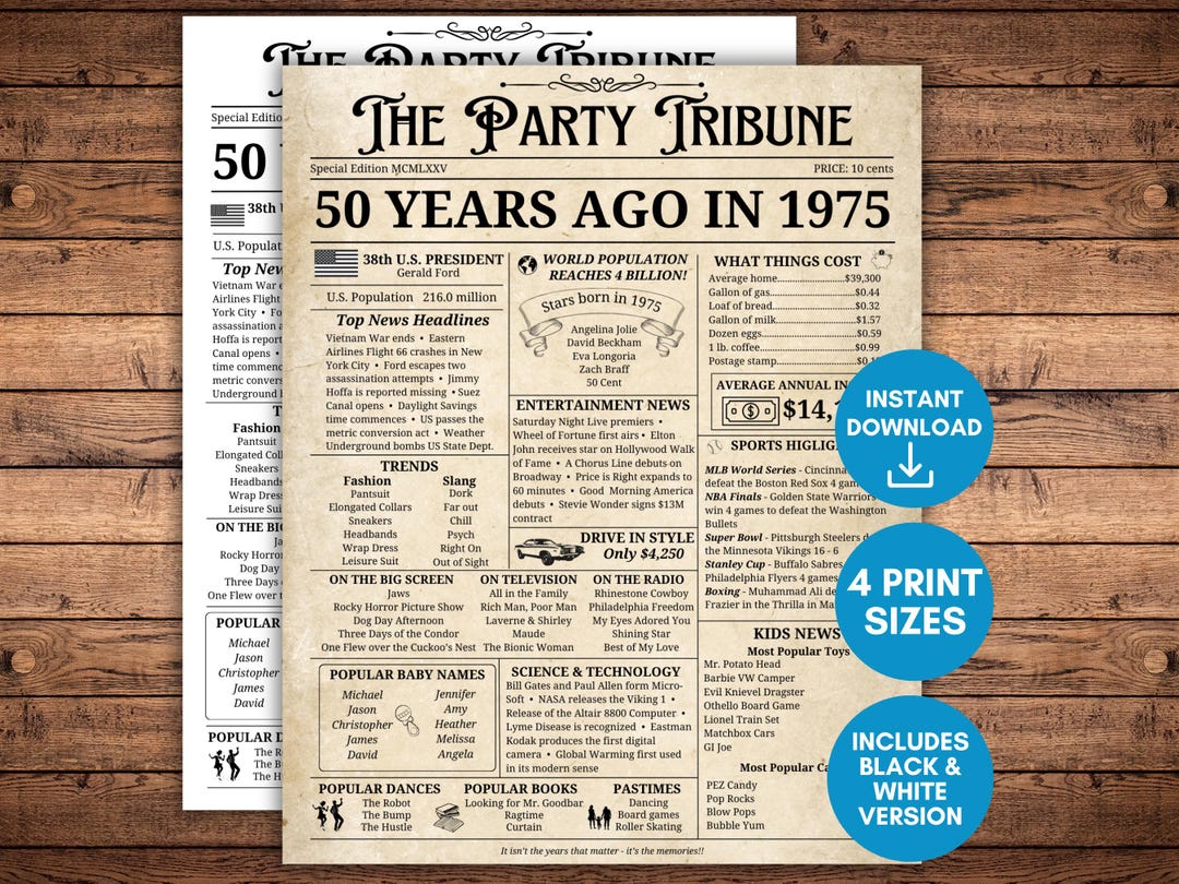 1975 Birthday Newspaper, 1975 Birthday Poster, 50th Birthday Newspaper ...