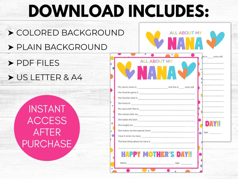 All About My Nana Printable Grandma Mother's Day Gift - Etsy