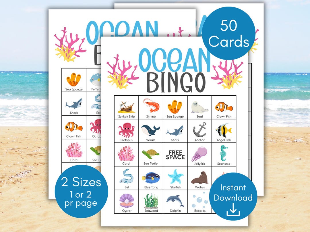 Ocean Bingo, Under the Sea Bingo, 50 Printable Ocean Bingo Cards ...