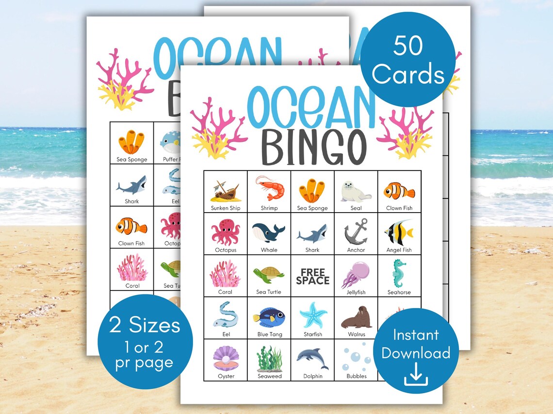 Ocean Bingo, Under the Sea Bingo, 50 Printable Ocean Bingo Cards ...