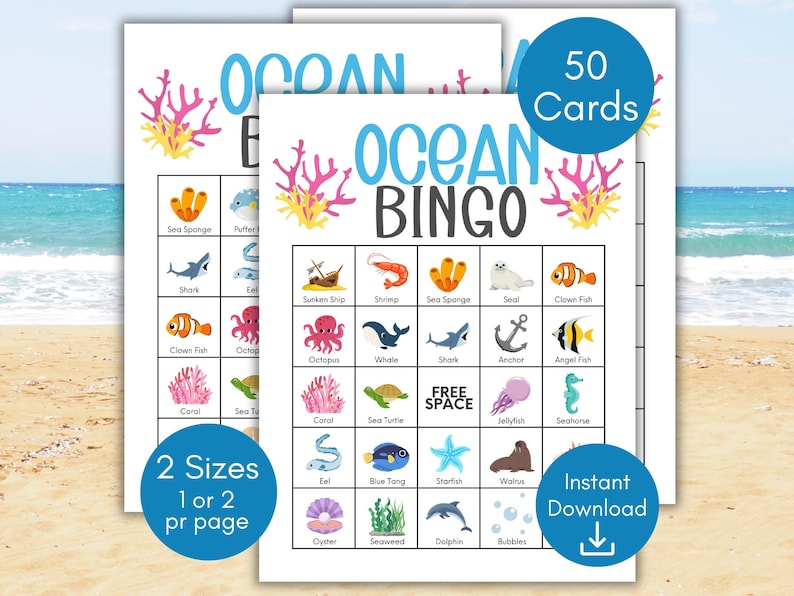 Ocean Bingo, Under the Sea Bingo, 50 Printable Ocean Bingo Cards ...