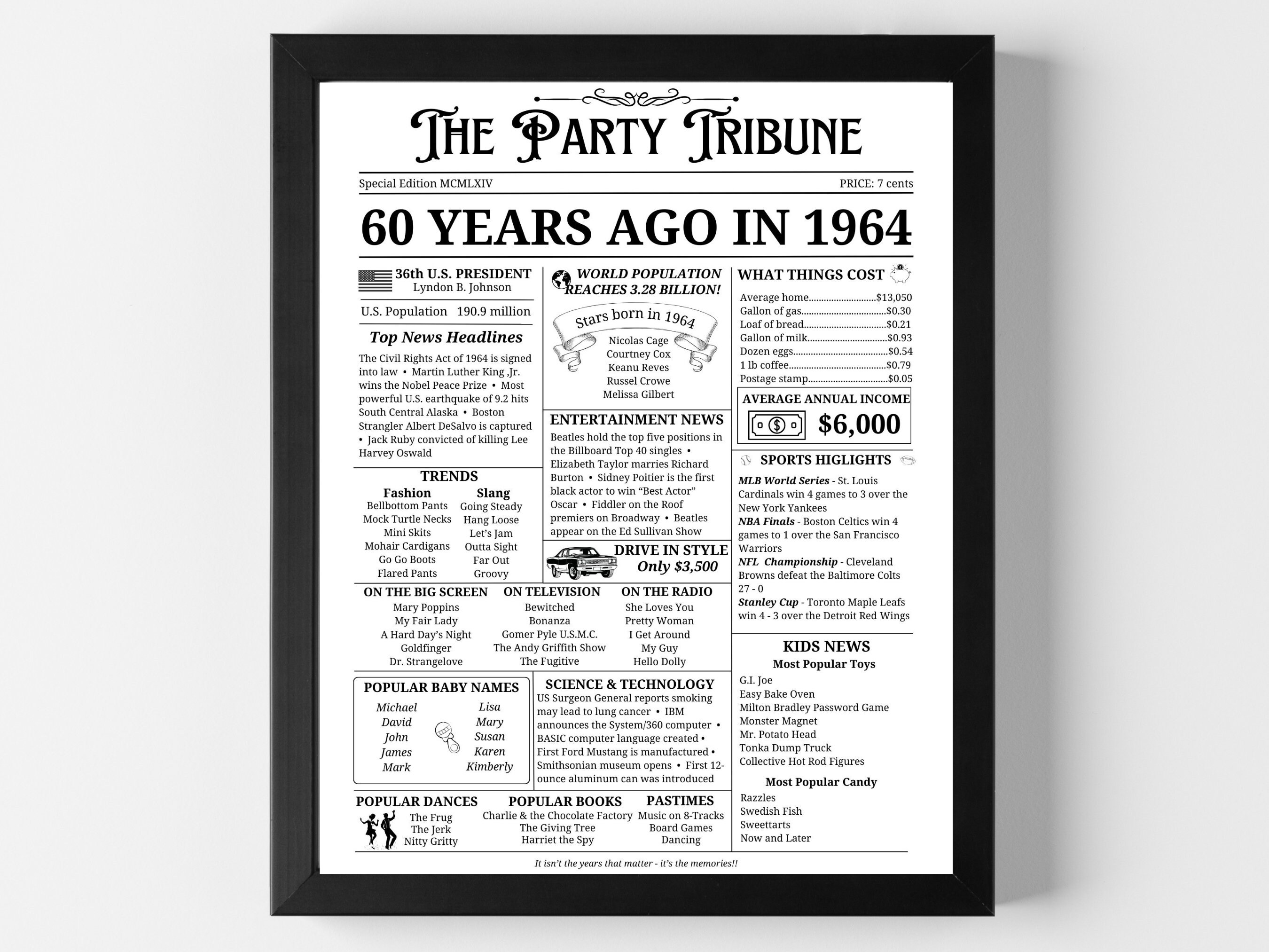1964 Birthday Poster, 60th Birthday Newspaper, 1964 Newspaper Sign ...