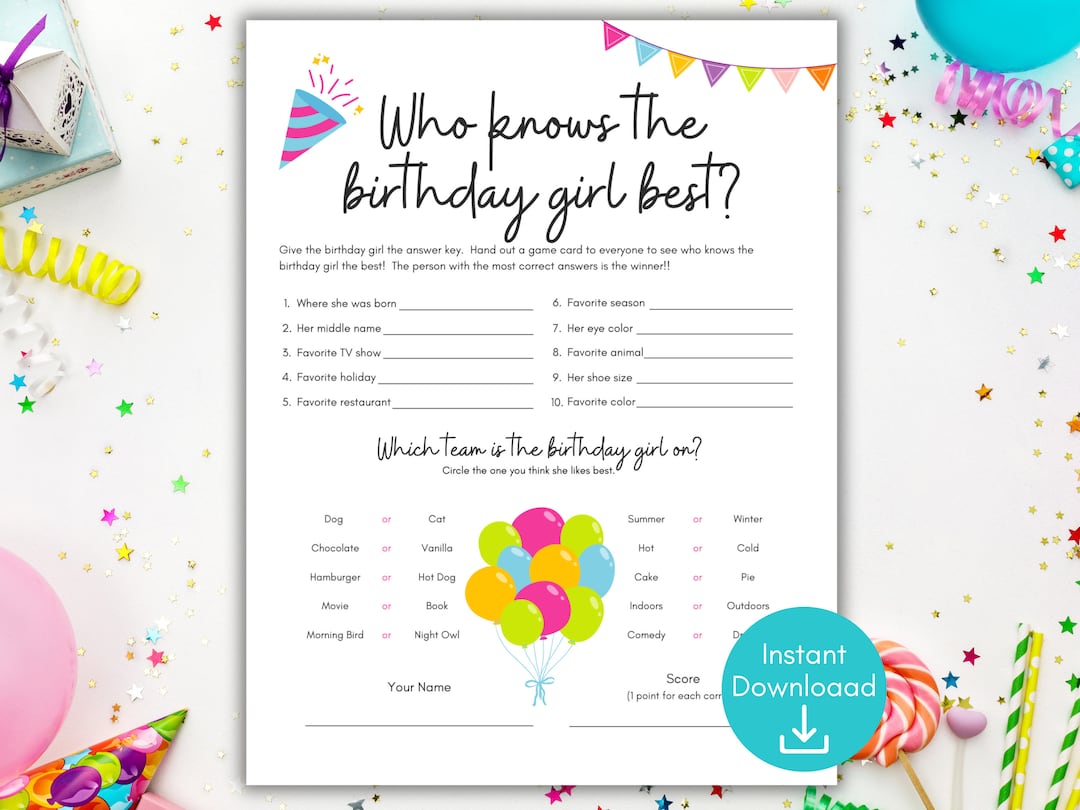 Who Knows the Birthday Girl Best, Birthday Quiz, Birthday Questionnaire ...