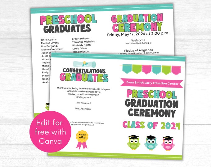 Preschool Graduation Program Template, Printable Graduation Program for Kindergarten, Editable ...