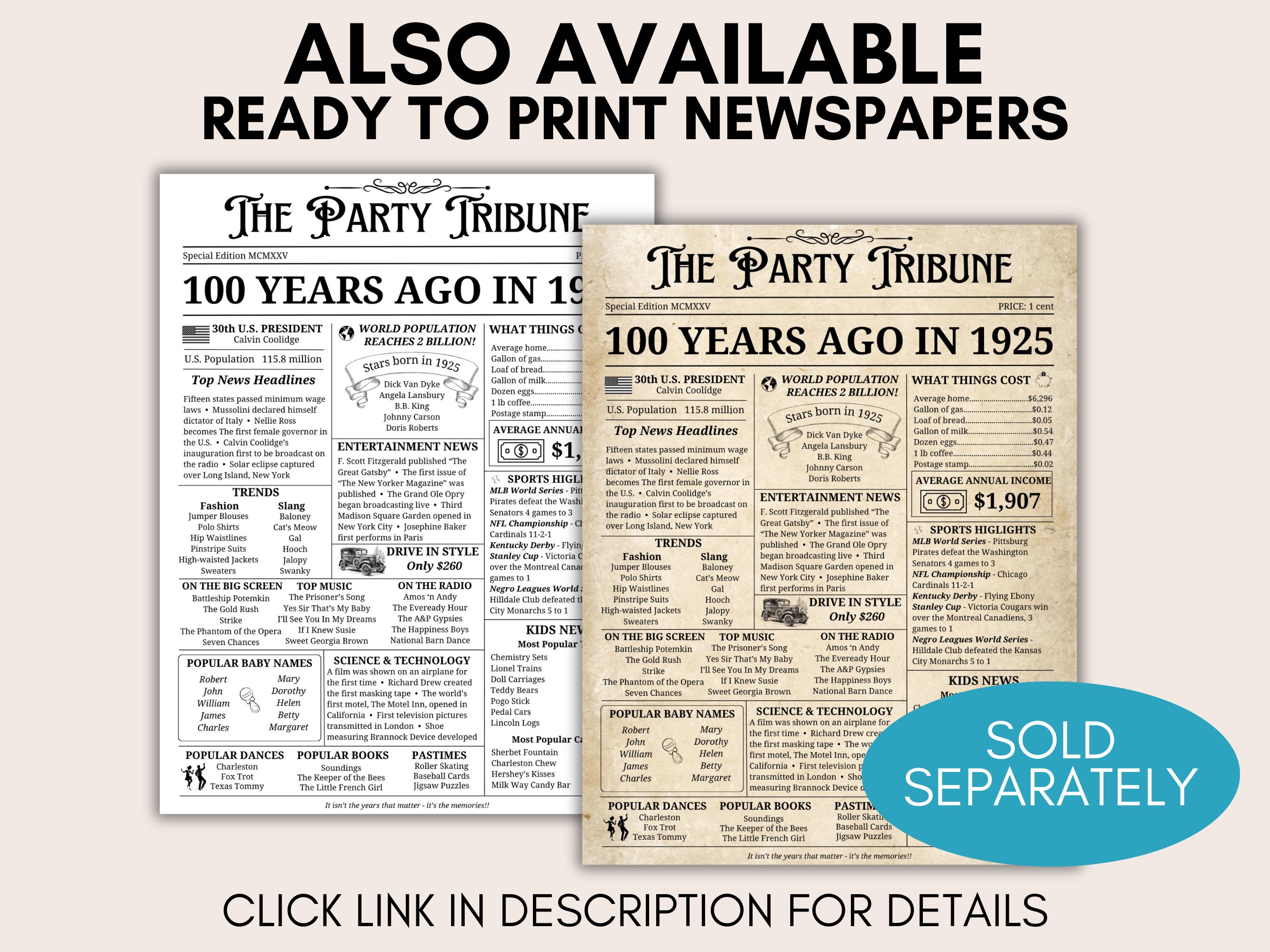 1925 Birthday Poster, 100th Birthday Newspaper, 1925 Newspaper Sign ...