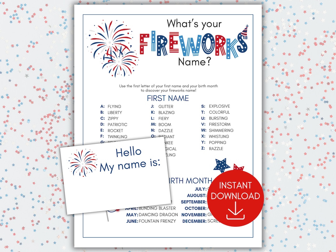 What's Your Fireworks Name Game With Nametags and Sign, July 4th Games ...