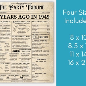 1949 Birthday Poster, 75th Birthday Newspaper, 1949 Newspaper Sign ...