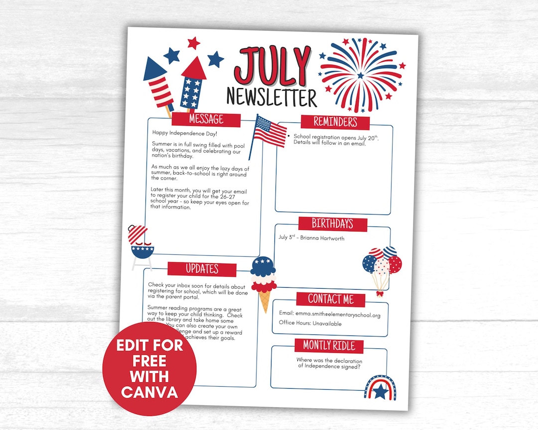 July Classroom Newsletter Template, Summer School Newsletter, Daycare ...