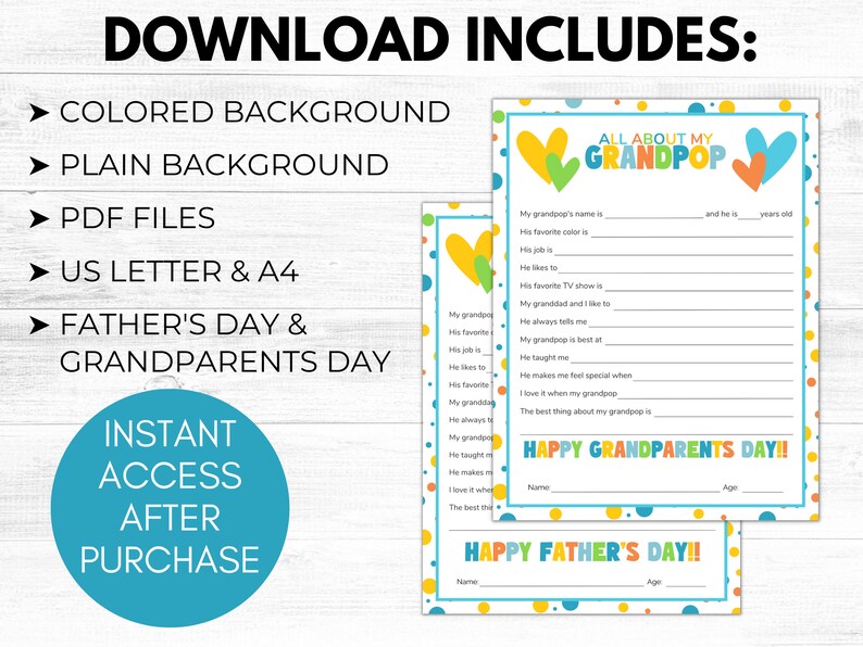 All About My Grandpop Printable, Grandpa Father's Day Gift, All About ...