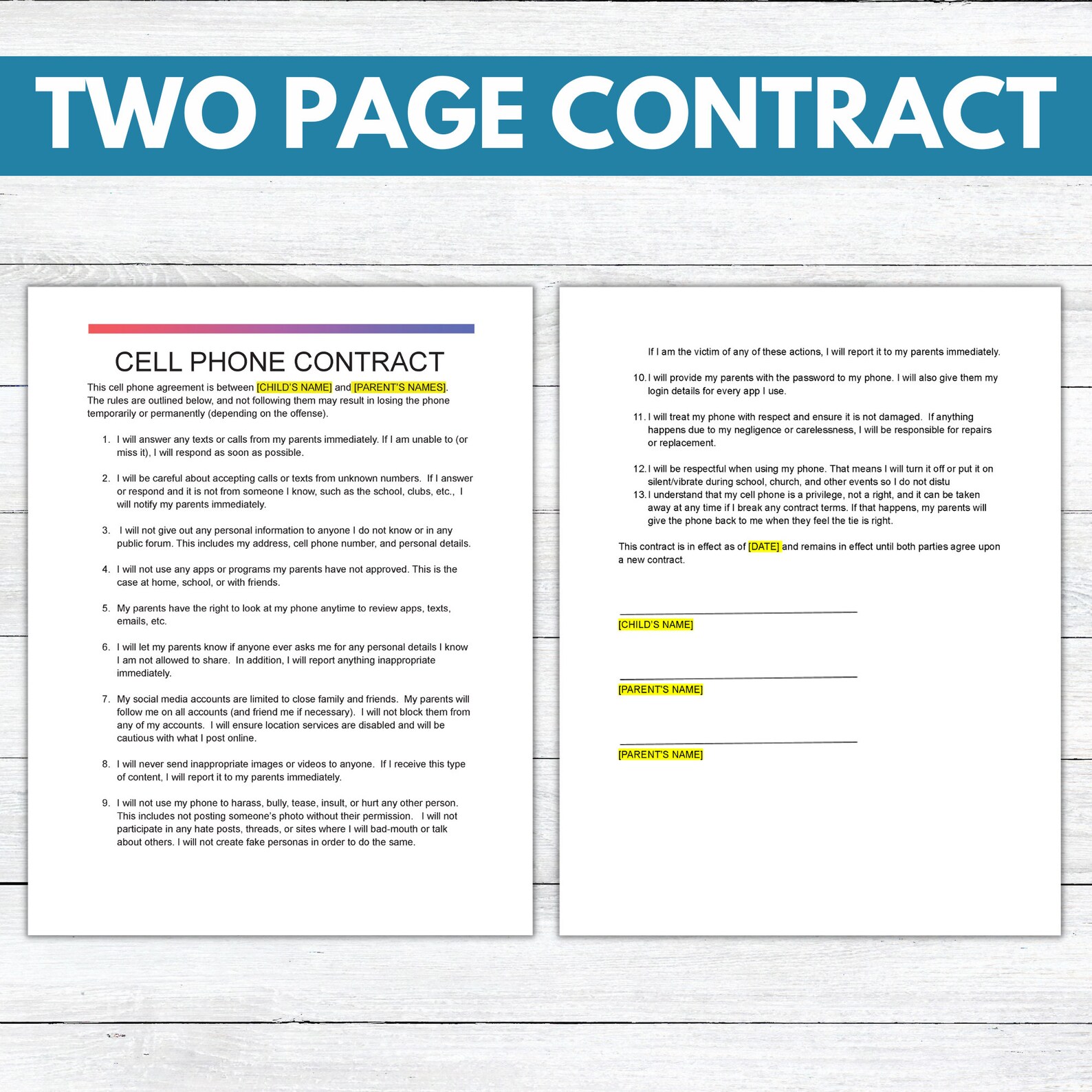 Kid/teen Cell Phone Contract Printable Download, Technology Screen ...