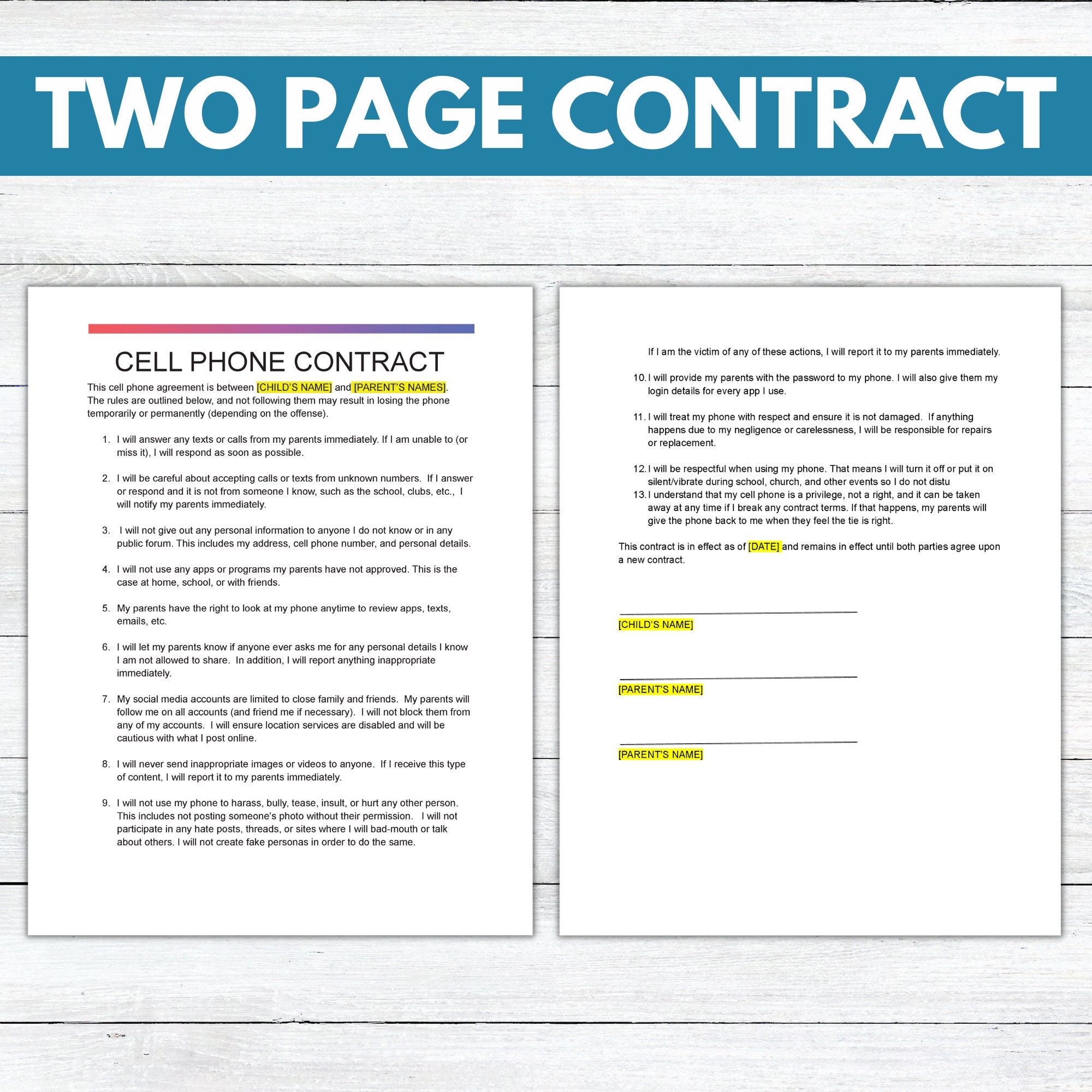 Kid/teen Cell Phone Contract Printable Download, Technology Screen ...