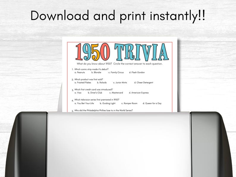 1950 Trivia Game, 75th Birthday Game, 1950s Party Trivia Game, Fun ...