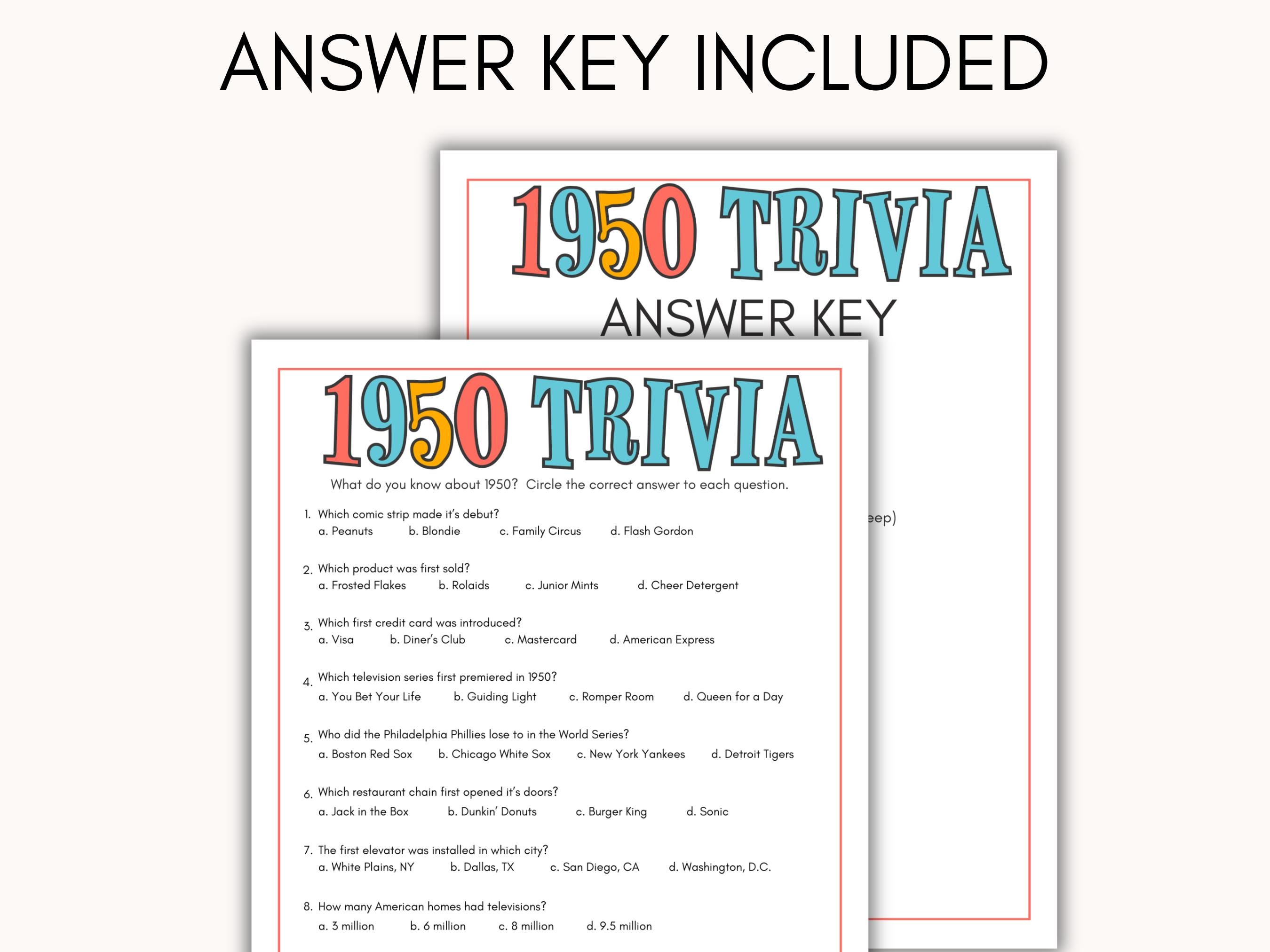 1950 Trivia Game, 75th Birthday Game, 1950s Party Trivia Game, Fun ...