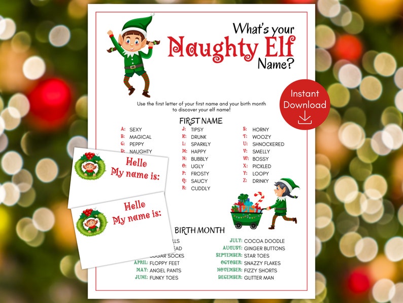 What's Your Naughty Elf Name Game, Elf Party Game, Ugly Sweater Game ...