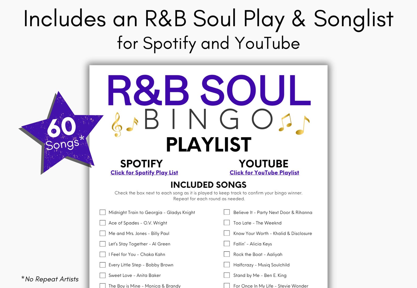 R&B Songs Bingo, RB Music Bingo, Soul Music Bingo, Music Party Activity ...