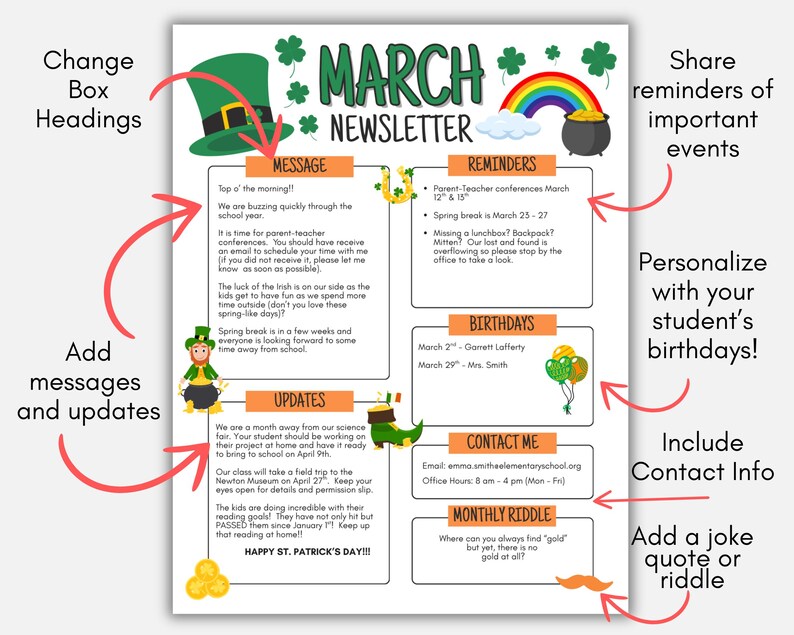 March Classroom Newsletter Template, St. Patrick's Day Classroom ...