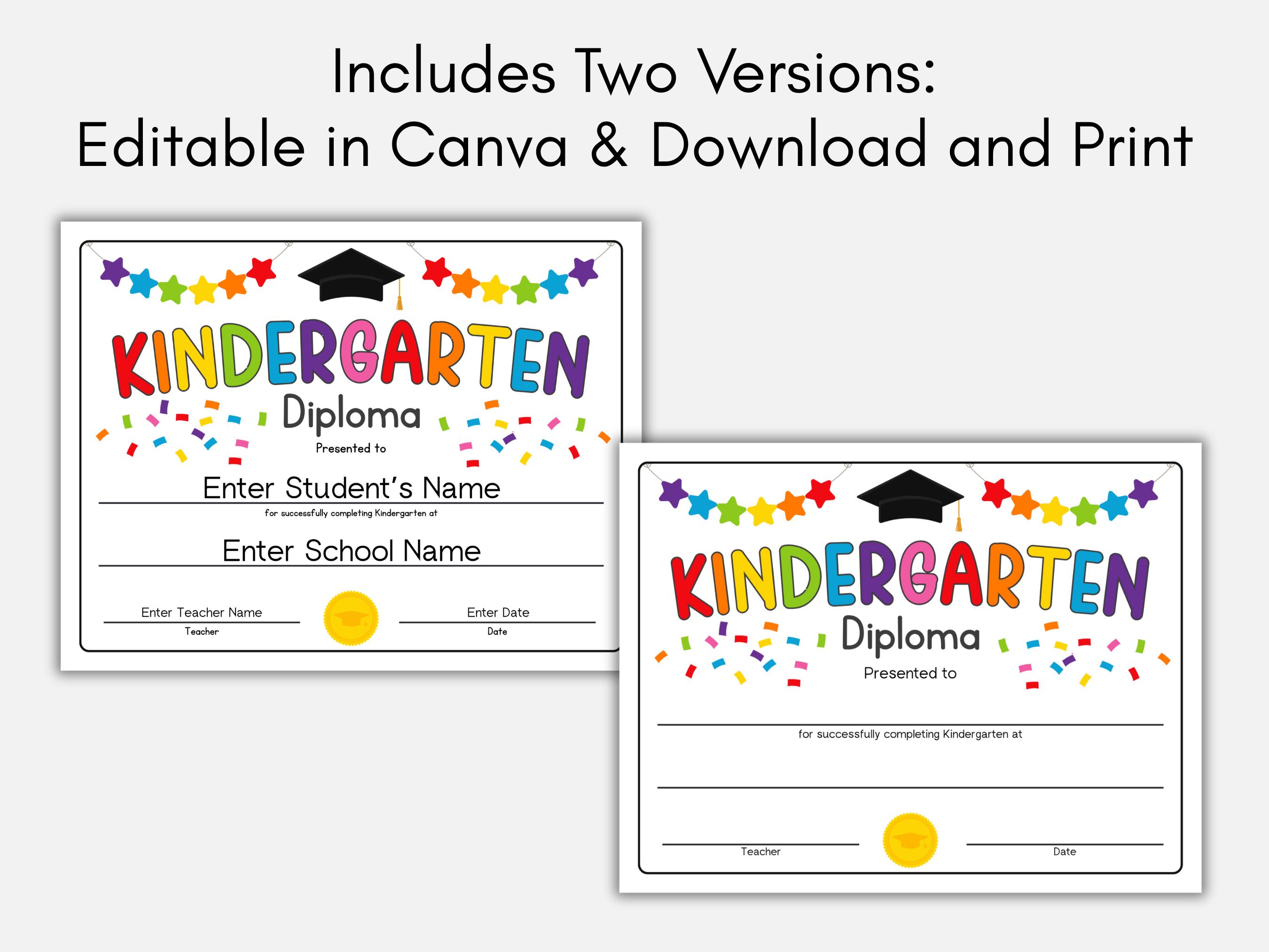 Editable Kindergarten Diploma Template, Kindergarten Graduation Diploma ...