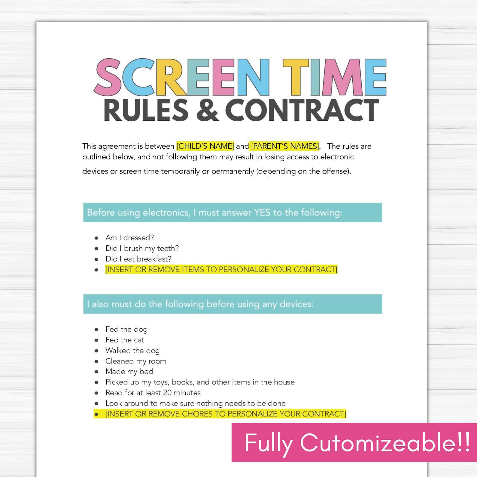 Screen Time Rules, Screen Time Contract, - Etsy