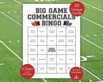 Football Commercials Bingo, 50 Big Game Day Bingo Cards, Football Watch ...