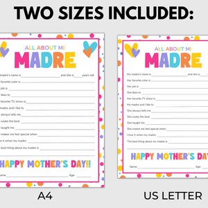 All About Mi Madre Printable, Mother's Day Gift, All About Mom Keepsake ...