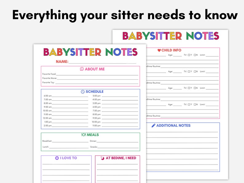 Babysitter Information Sheet, Babysitter Checklist, Printable ...