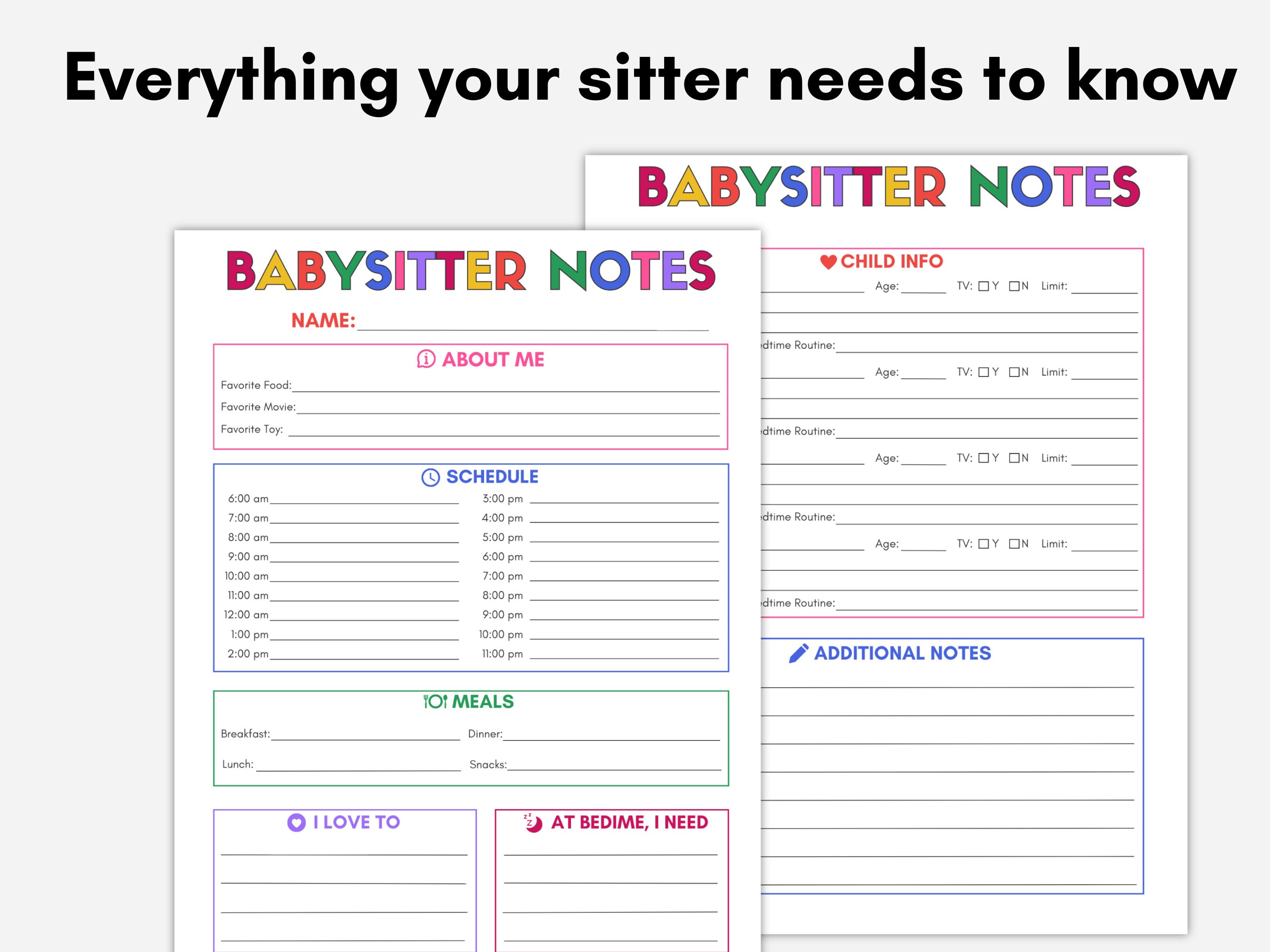 Babysitter Information Sheet, Babysitter Checklist, Printable ...
