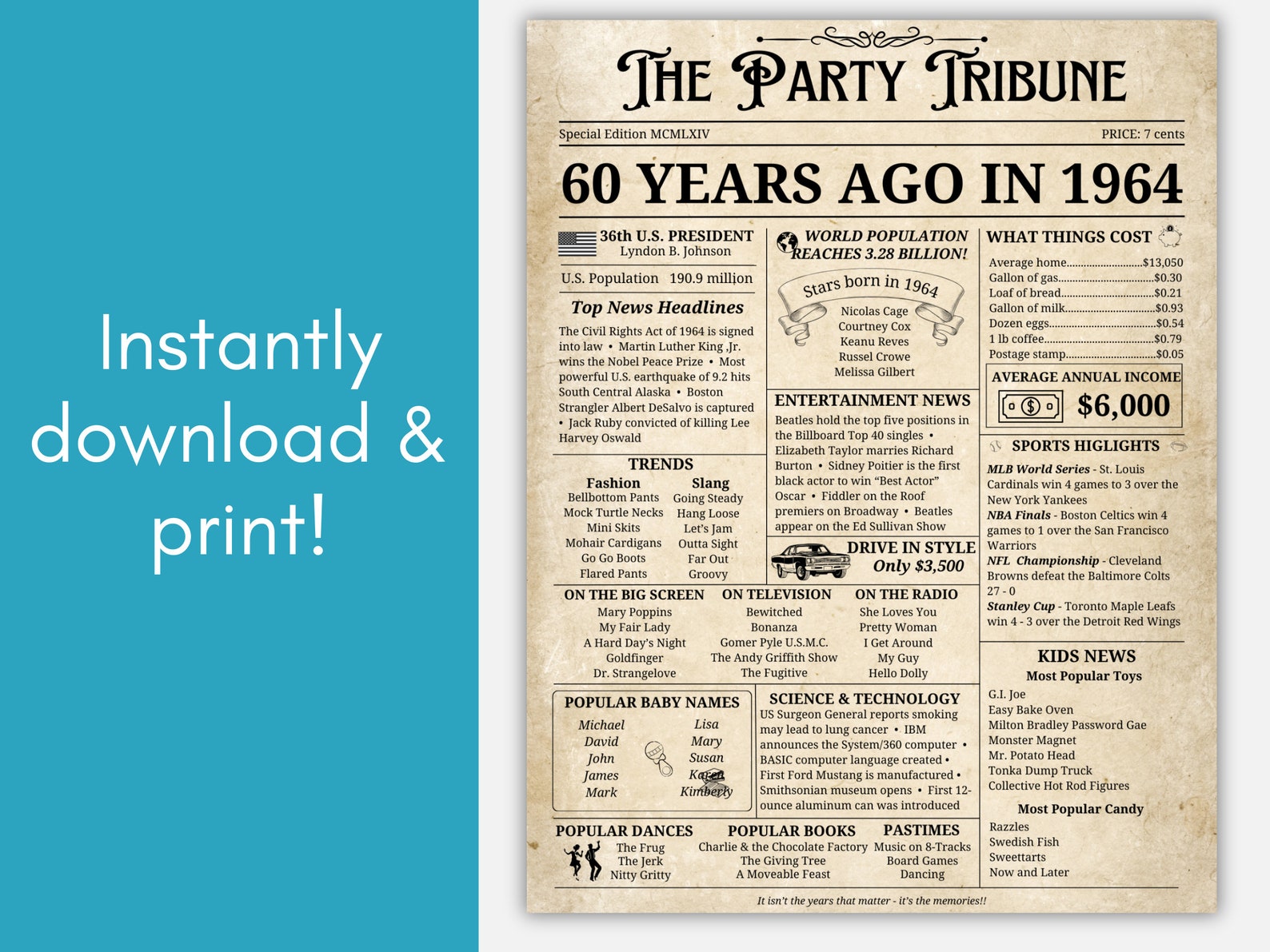 1964 Birthday Poster, 60th Birthday Newspaper, 1964 Newspaper Sign ...