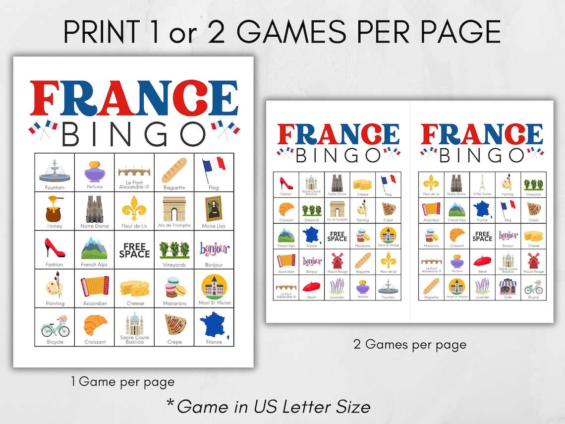 France Bingo, France Bingo Cards Printable Game, Paris France Travel ...