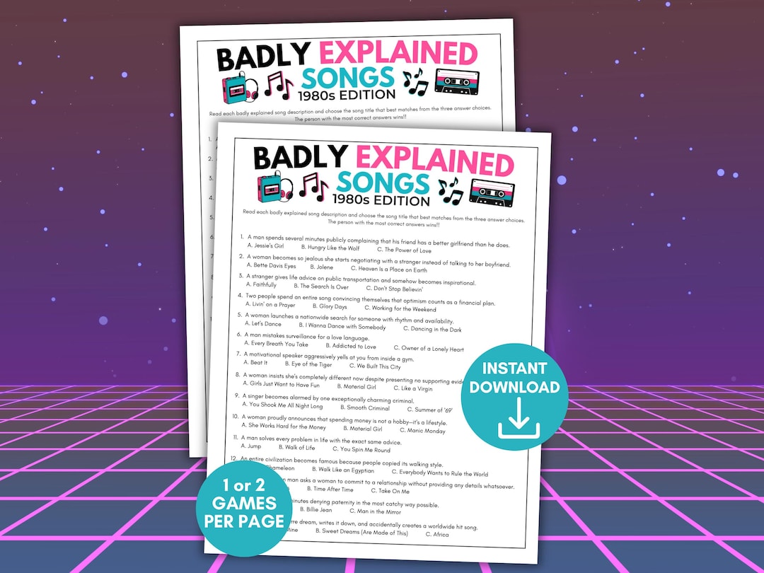 80s Badly Explained Songs Game, 80s Music Trivia, 1980s Activity ...