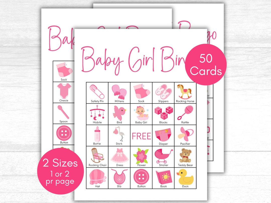 Baby Girl Bingo, 50 Baby Shower Bingo Cards, Baby Girl Shower Printable ...