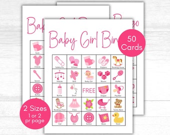 Baby Girl Bingo, 50 Baby Shower Bingo Cards, Baby Girl Shower Printable ...