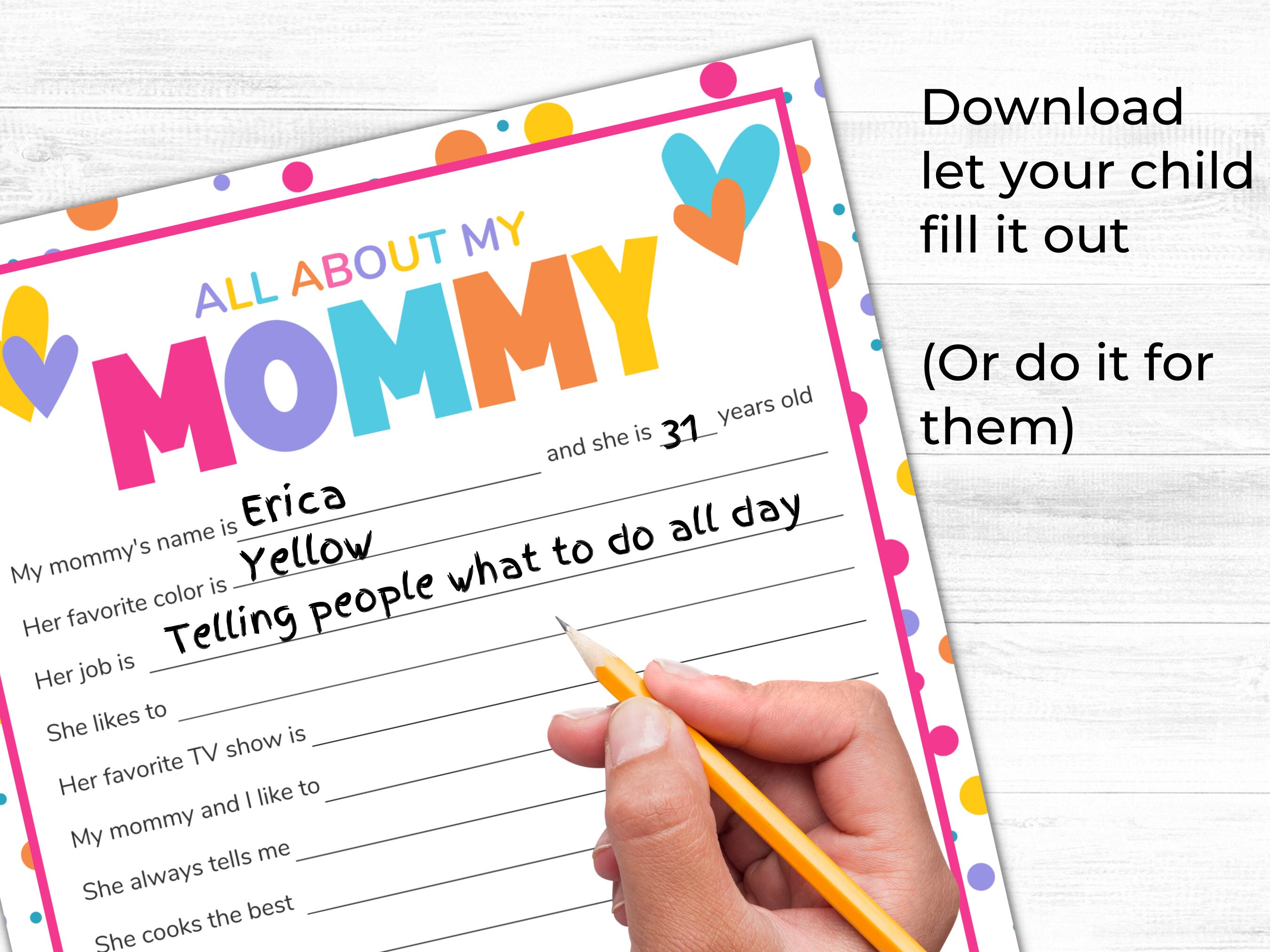 All About My Mommy Printable, Mother's Day Gift, All About Mom Keepsake ...