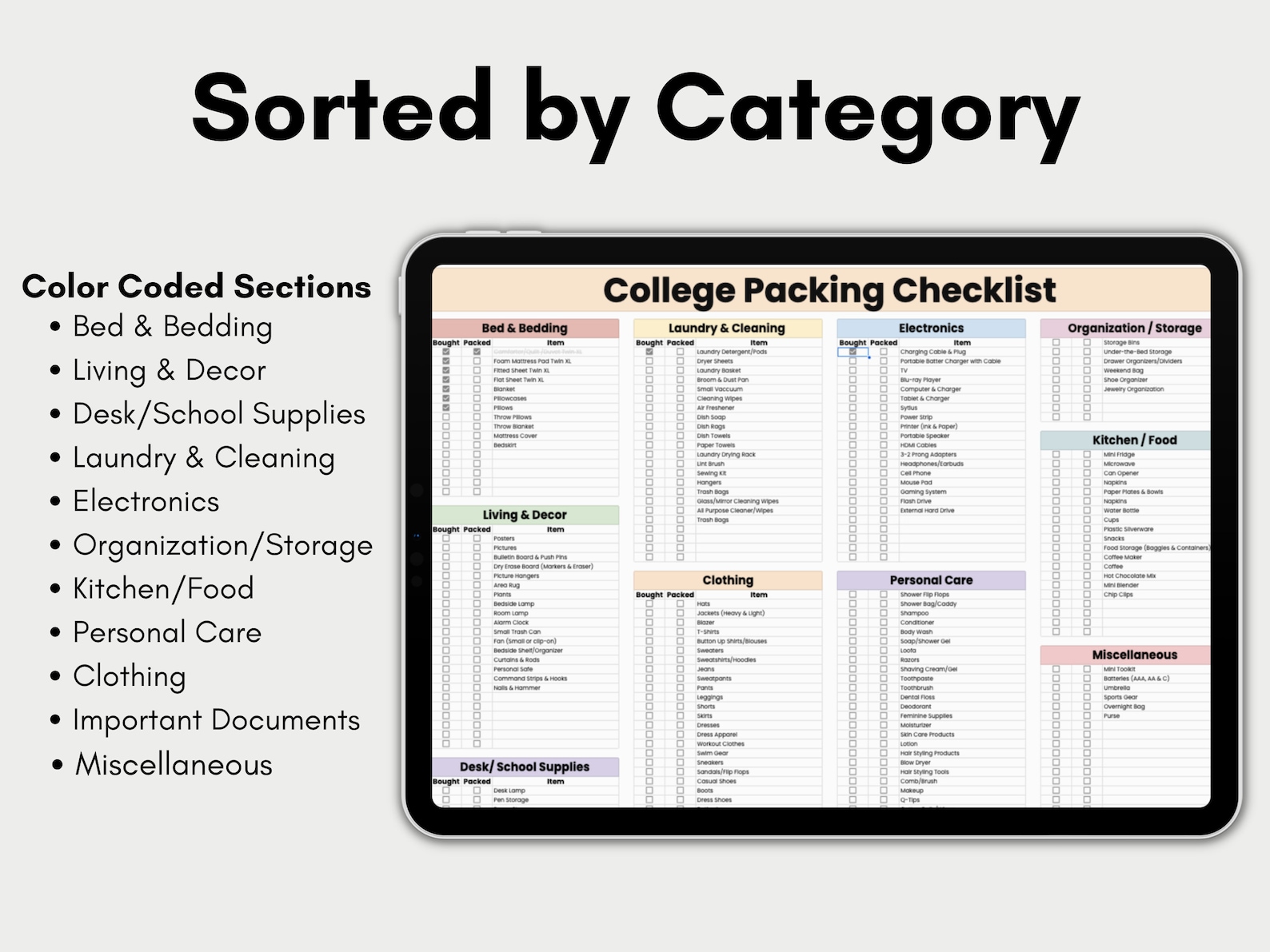 College Packing List, College Dorm Essentials List, Google Sheets ...