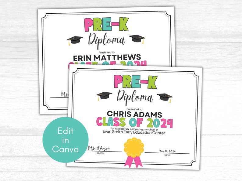 Pre-k Diploma Template, Pre-k Graduation, Printable Prek Graduation ...