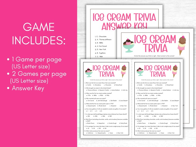 Ice Cream Trivia Game, Printable Ice Cream Party Game, Summer Activity ...