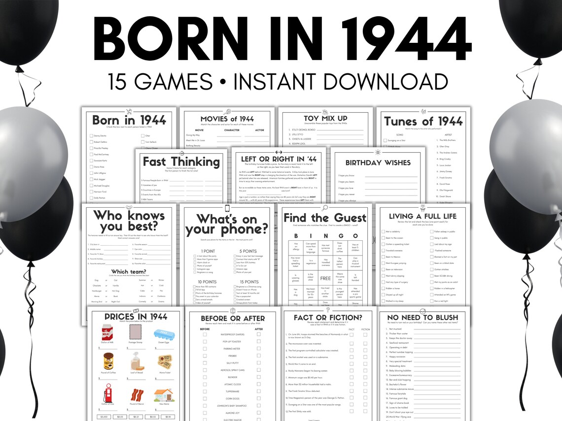 80th Birthday Party Games, Born in 1944 Game, 80th Birthday Games, 1944 ...