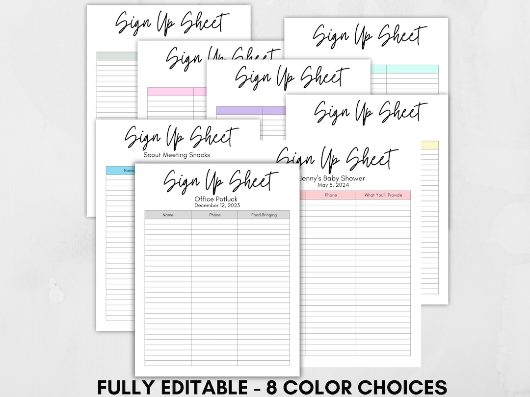 Editable Sign up Sheet, Printable Sign up Form, Sign up List, Event ...